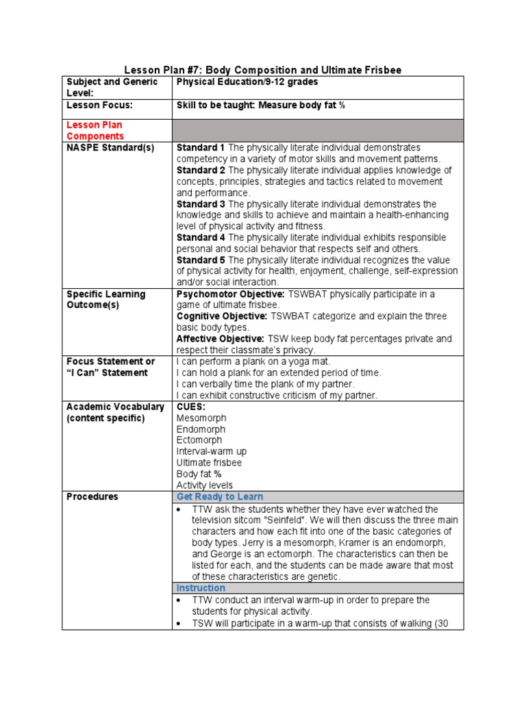 Lesson Plan #7: Body Composition and Ultimate Frisbee | PDF | Lesson ...