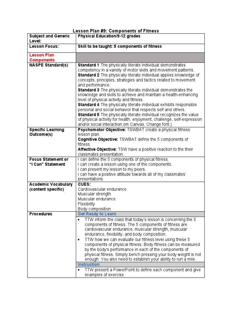 Lesson Plan #9: Components of Fitness | PDF | Lesson Plan | Physical ...