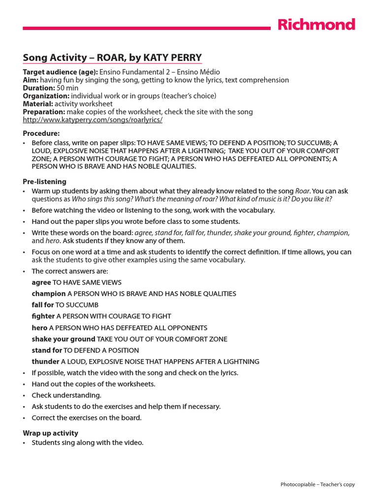 Song Activity - ROAR, by KATY PERRY: Photocopiable - Teacher's | PDF