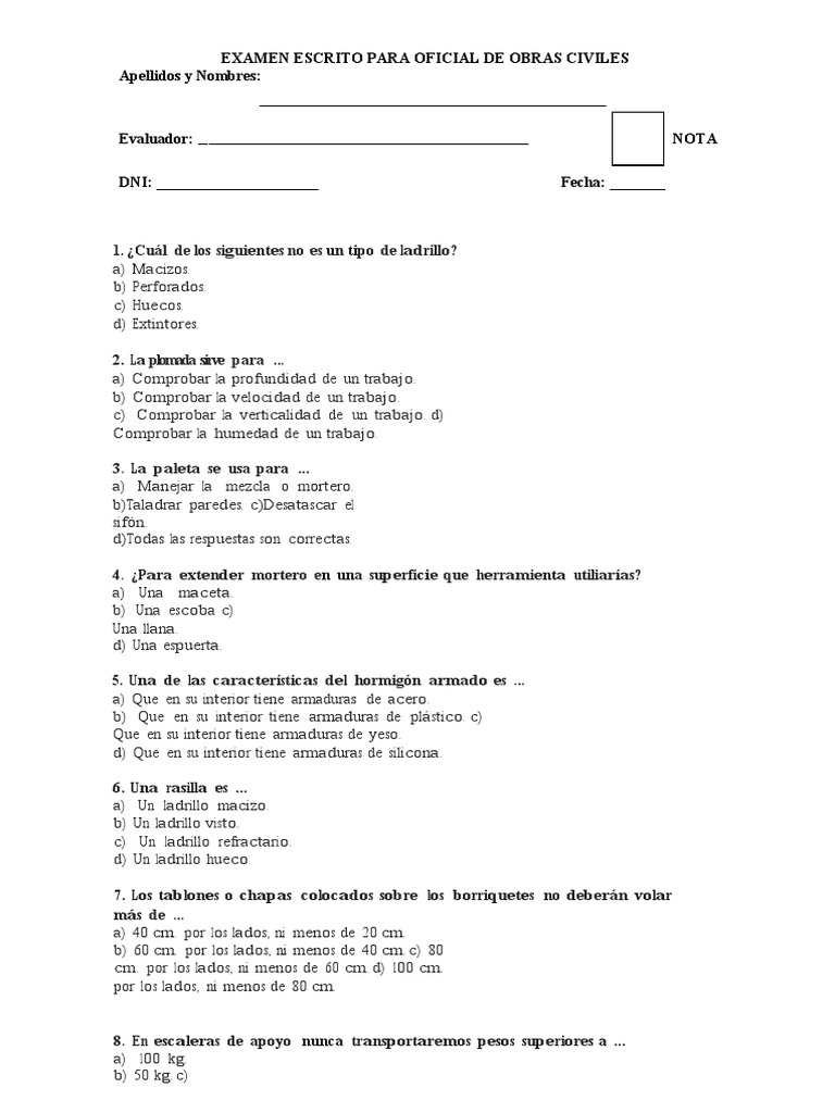 Examen Escrito para Oficial Albañil | PDF | Hormigón | Ladrillo