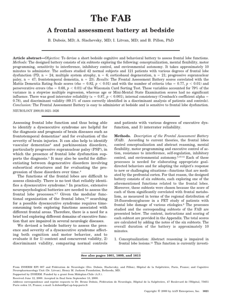 Control 2. The Fab - A Frontal Assessment Battery at Bedside | Download ...