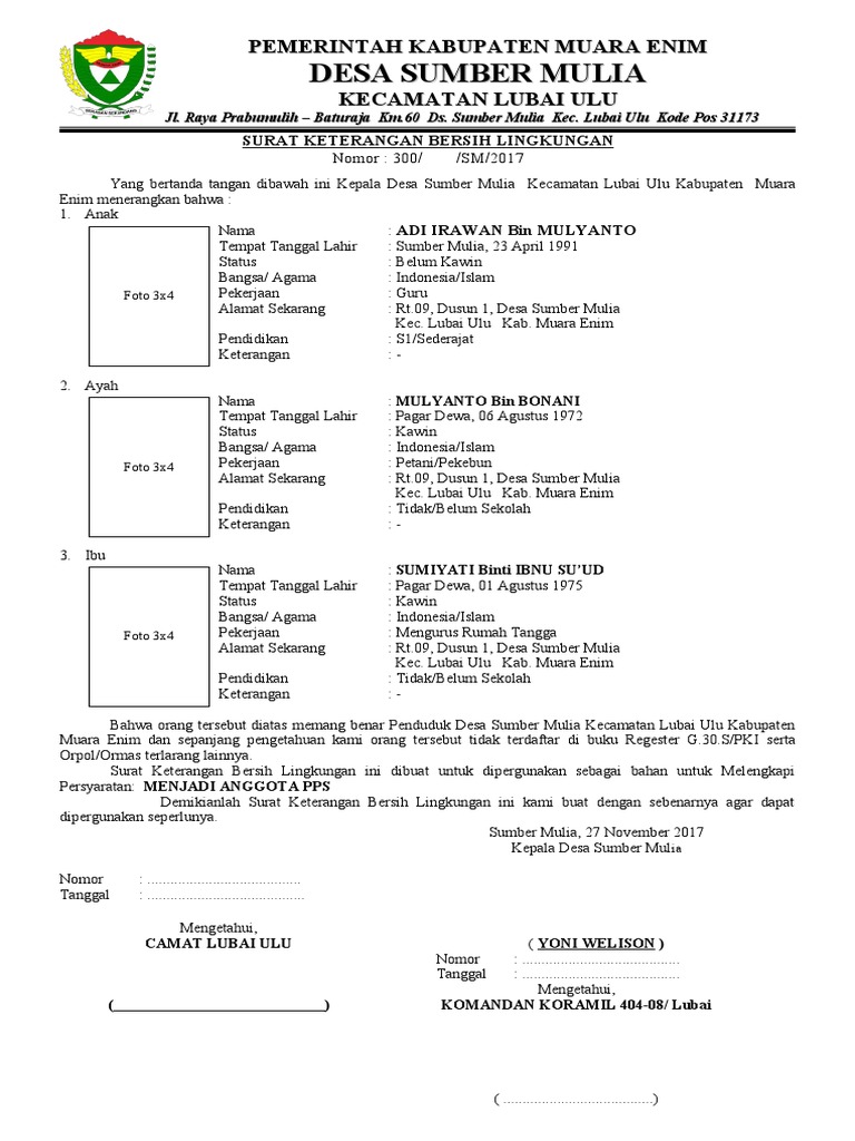 Surat Keterangan Desa Sumber Mulia | PDF