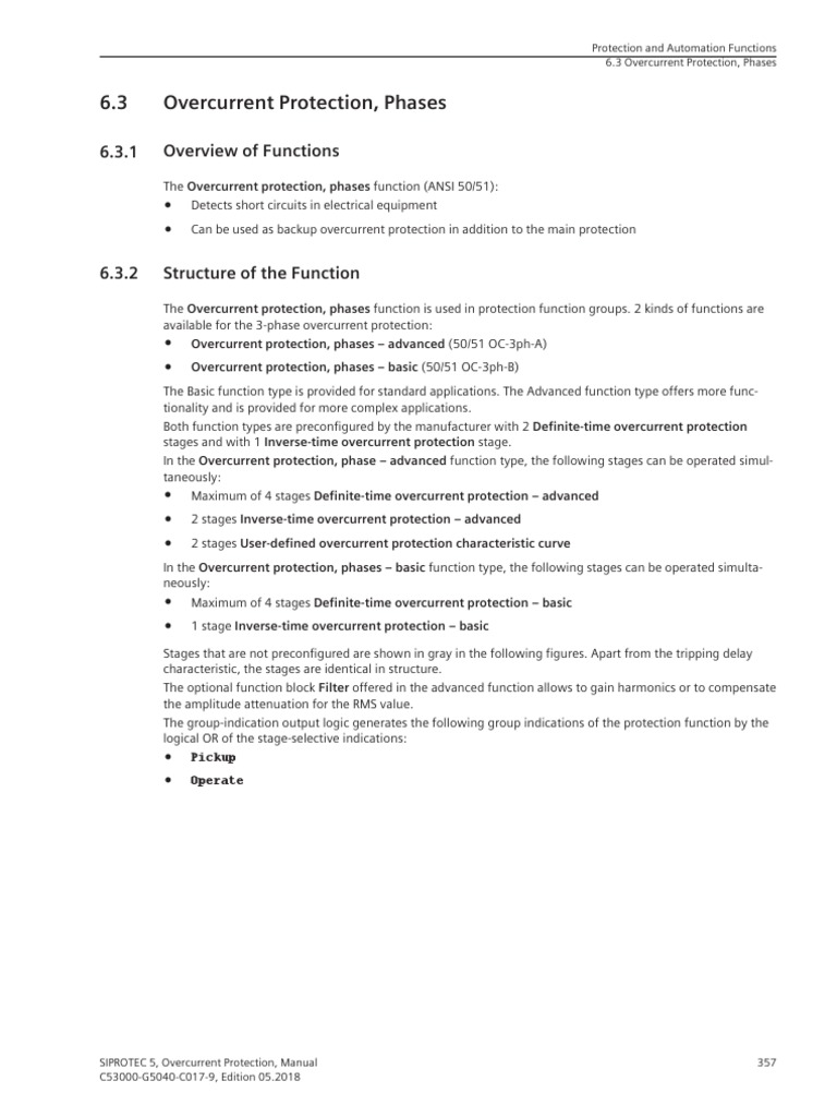 Overcurrent Protection, Phases 6.3: Overview of Functions 6.3.1 | PDF ...