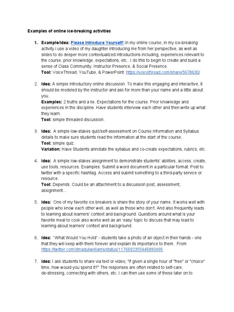 Examples of Online Ice-Breaking Activities 1. Example/Idea:: Please ...