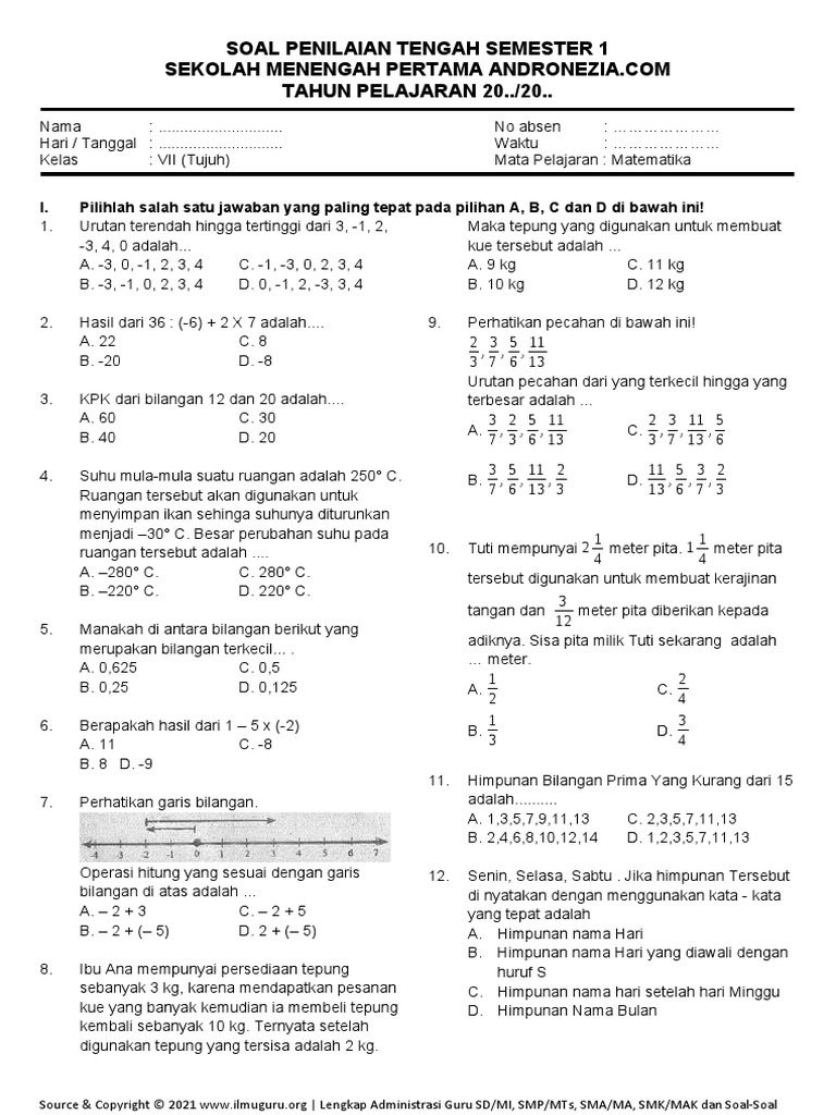 Soal PTS Matematika Kelas VII Semester 1 | PDF