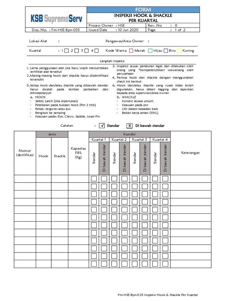 Fm-HSE-Bpn-035 Inspeksi Hook & Shackle Pengangkat | PDF