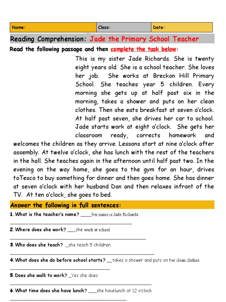 Reading Comprehension:: Jade The Primary School Teacher | PDF | Teachers