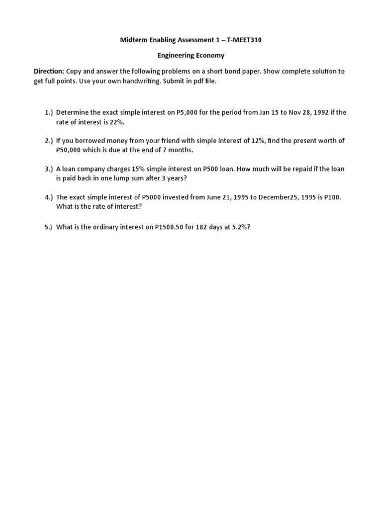 Midterm Assessment: Engineering Economy Problems | PDF | Career ...