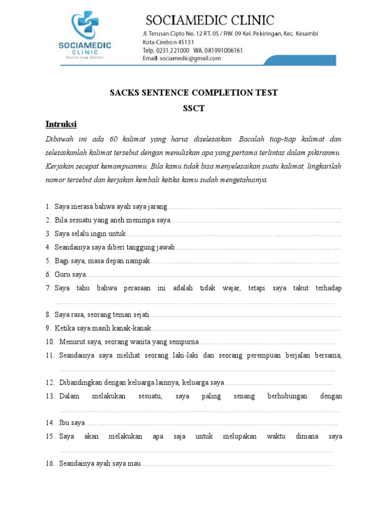 Sacks Sentence Completion Test | PDF