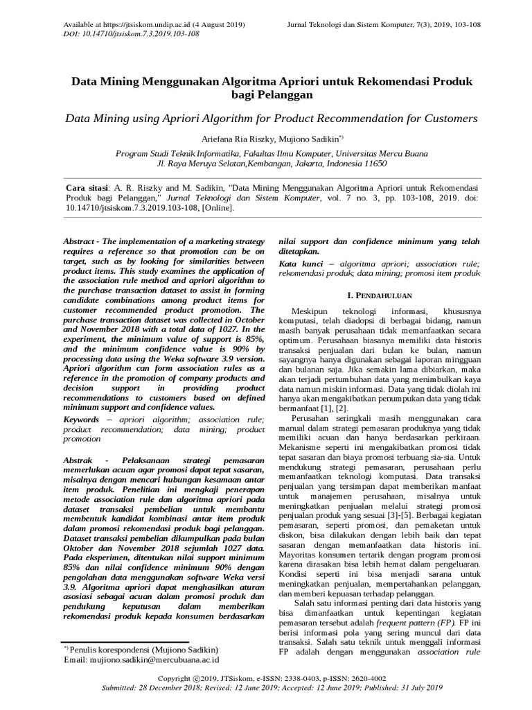 Data Mining Menggunakan Algoritma Apriori Untuk Rekomendasi Produk | PDF