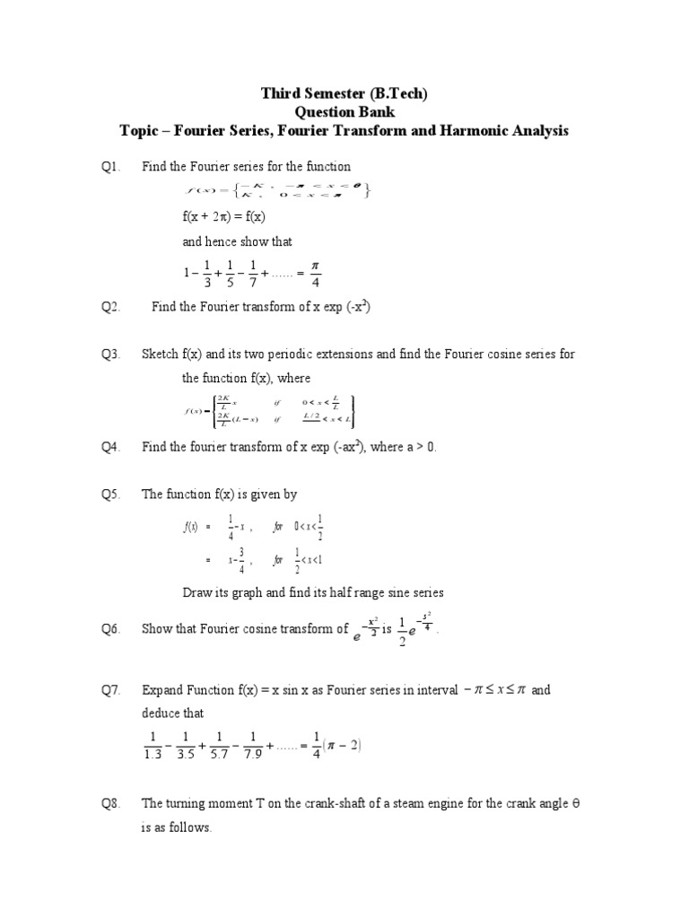 Third Semester (B.Tech) Question Bank Topic - Fourier Series, Fourier ...