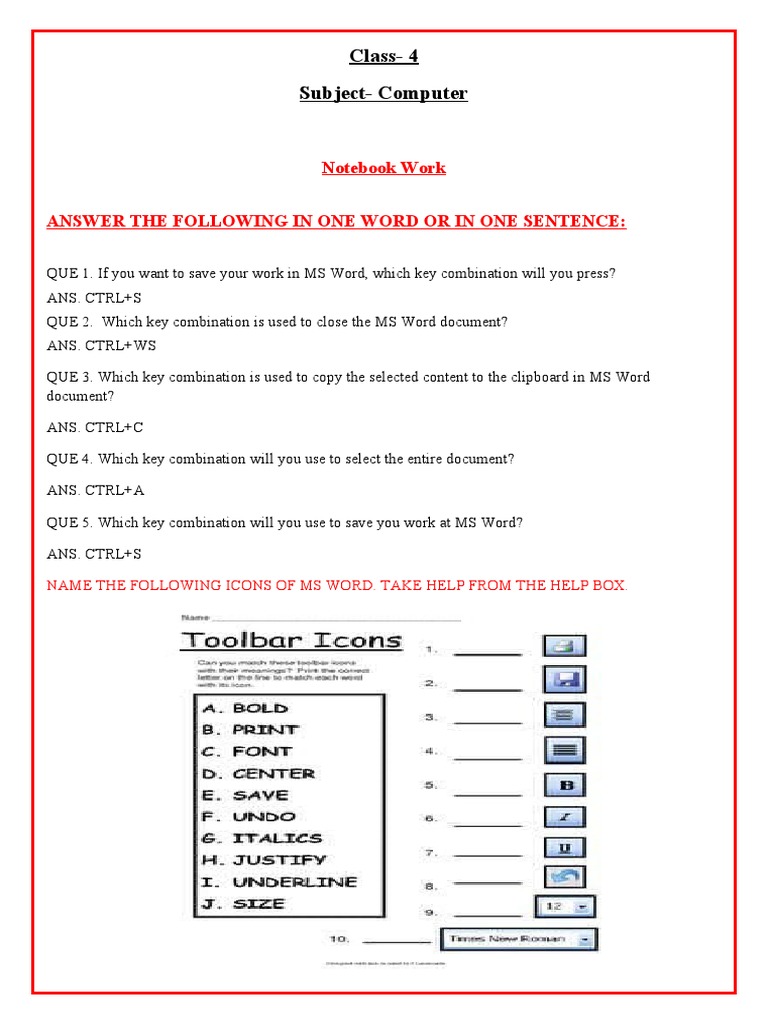 MS Word Shortcuts for Class 4 | PDF | Computers