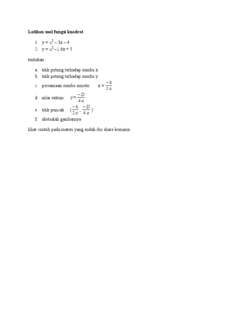 Latihan Soal Fungsi Kuadrat Kls 9 | PDF