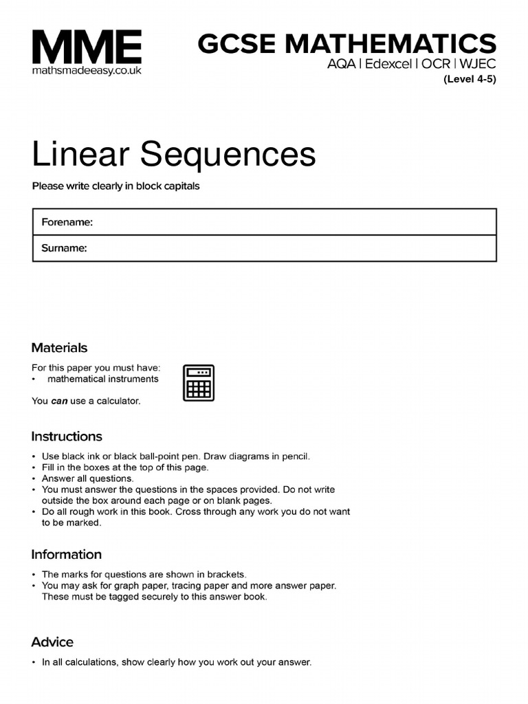 Linear Sequences Worksheet for GCSE | PDF | Applied Mathematics ...