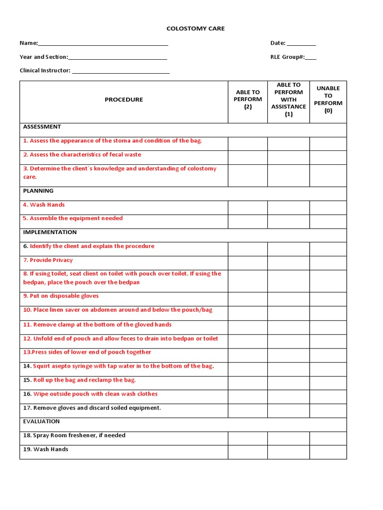 Colostomy Care Checklist | PDF | Toilet | Breathing