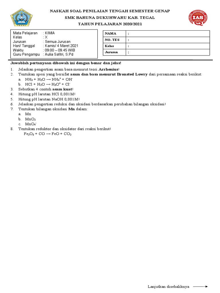 Soal Pts Genap Kimia X | PDF