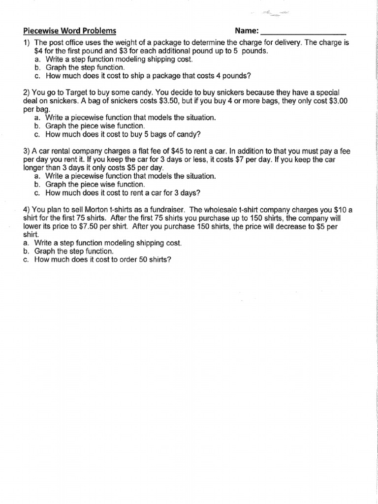 Four Piecewise Word Problems Solutions | PDF