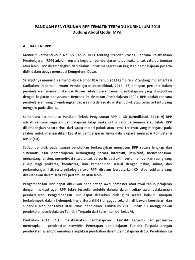 Panduan Penyusunan RPP SD Dan Contoh RPP | PDF