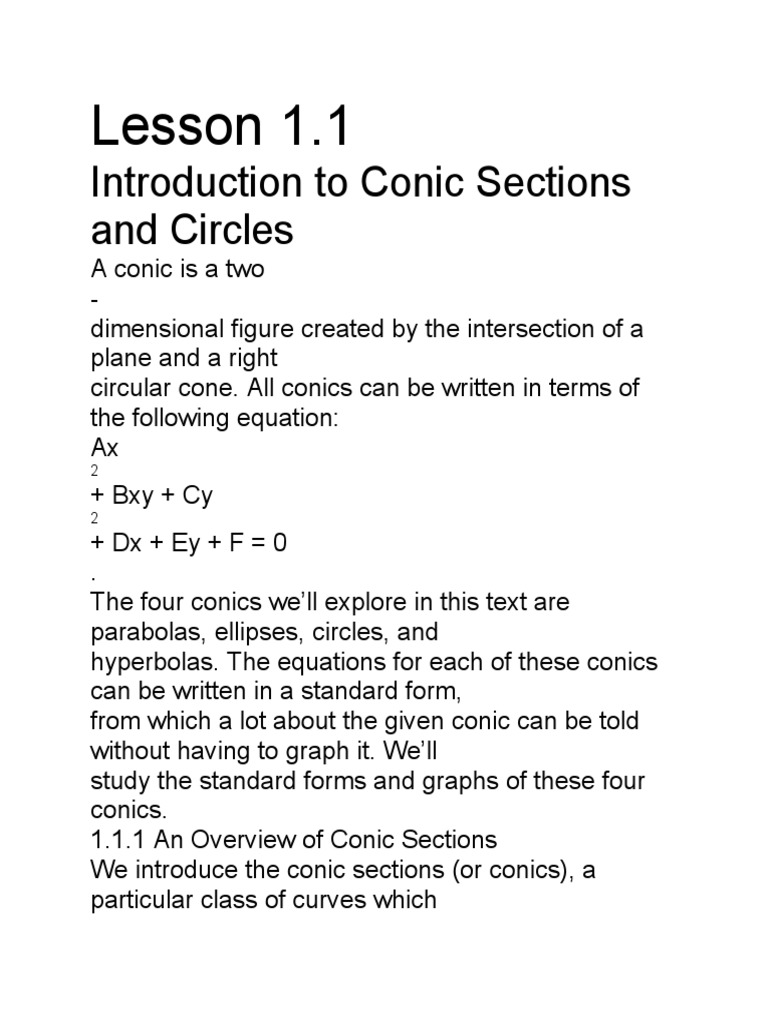 Lesson 1.1: Introduction To Conic Sections and Circles | PDF | Ellipse ...