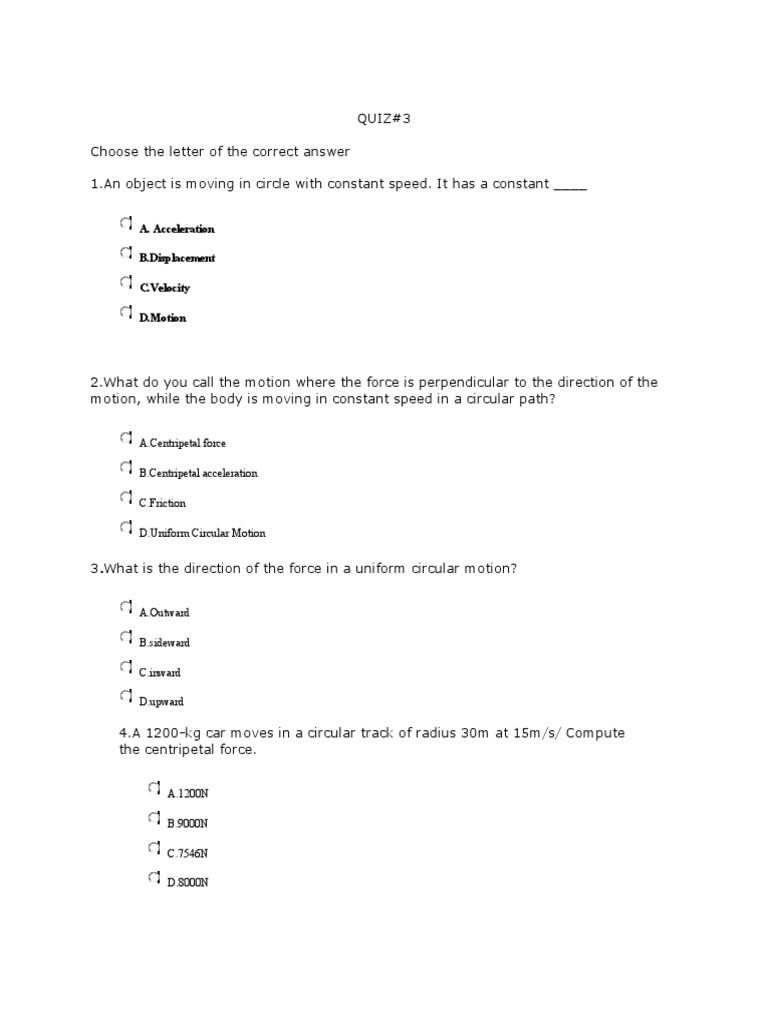 Uniform Circular Motion Quiz | PDF | Science & Mathematics