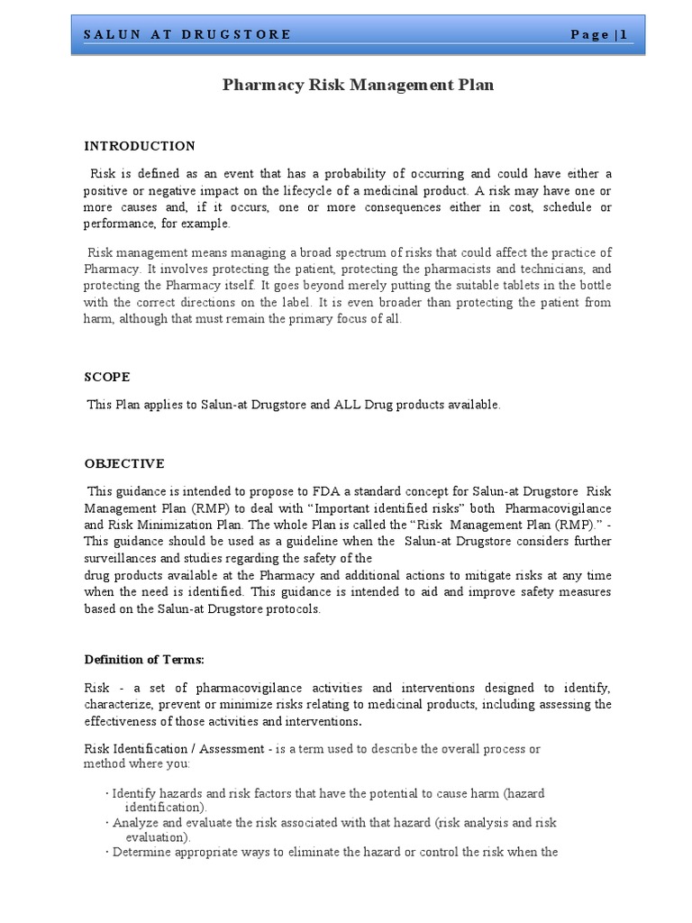 Pharmacy Risk Management Plan: Salun at Drugstore Page - 1 | Download ...