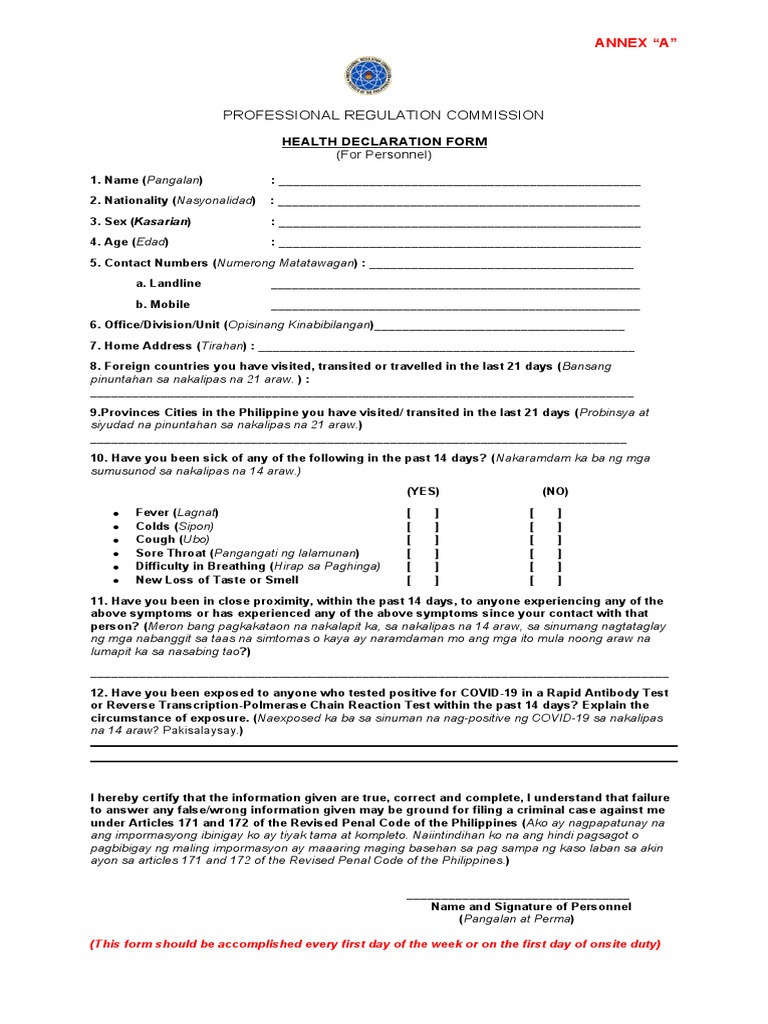 Professional Regulation Commission: Health Declaration Form | PDF ...