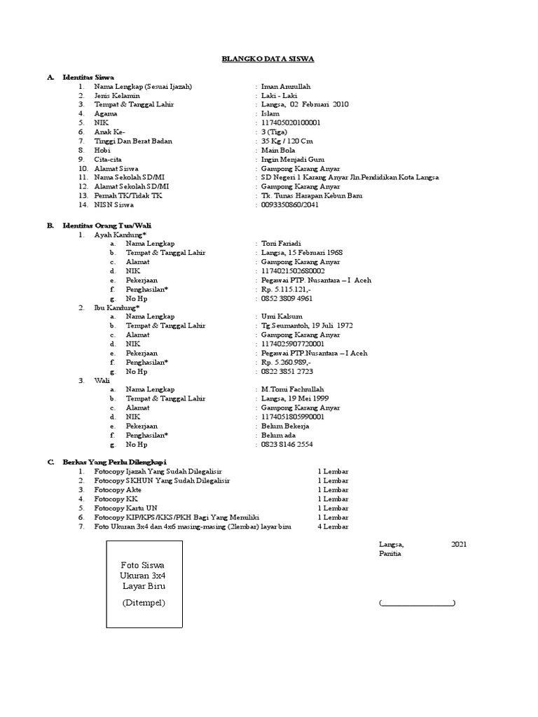 Blangko Data Siswa | PDF