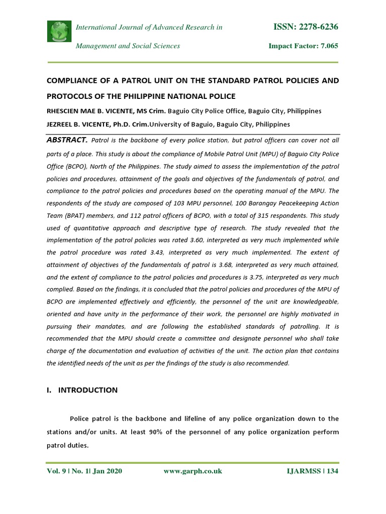Compliance of A Patrol Unit On The Standard Patrol Policies and ...