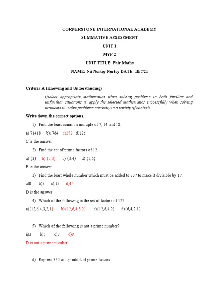 Task 1 Maths Summative Assessment Myp Year 2 | PDF | Teaching Methods ...