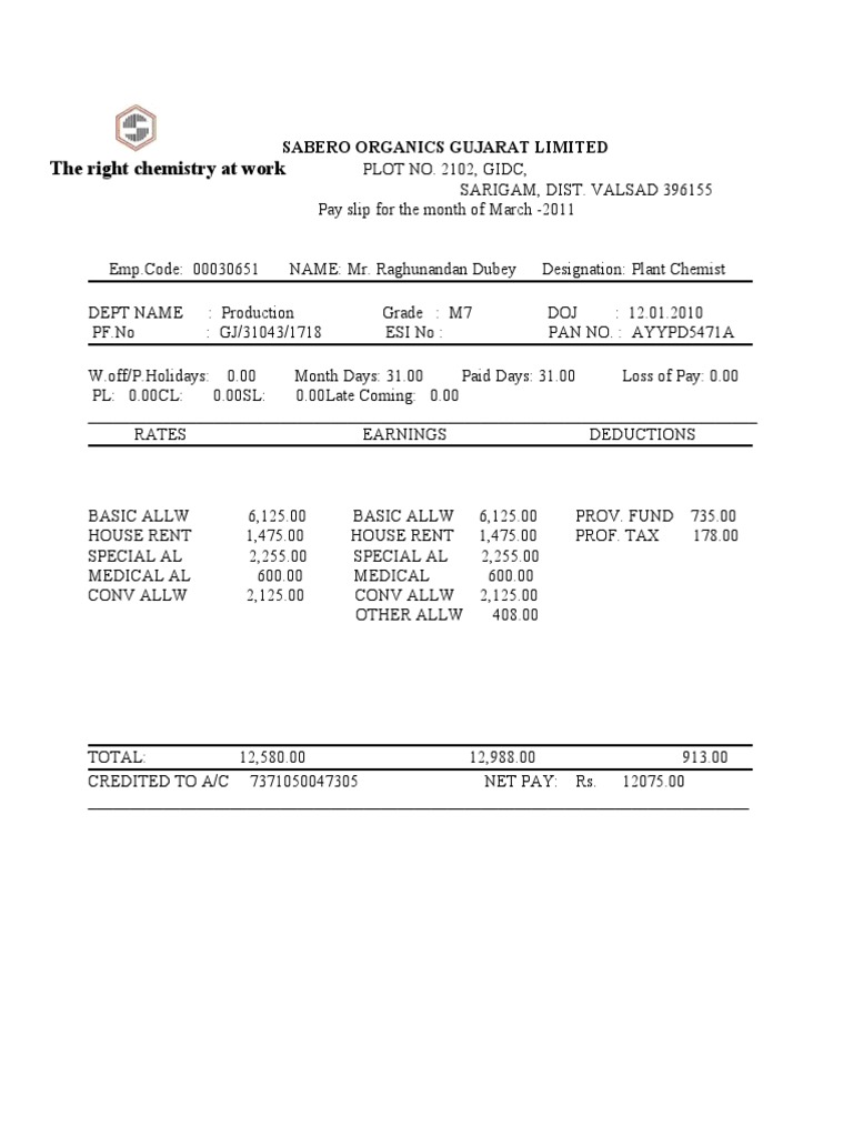 March 2011 Salary Slip - Sabero Organics | PDF | Finance & Money ...