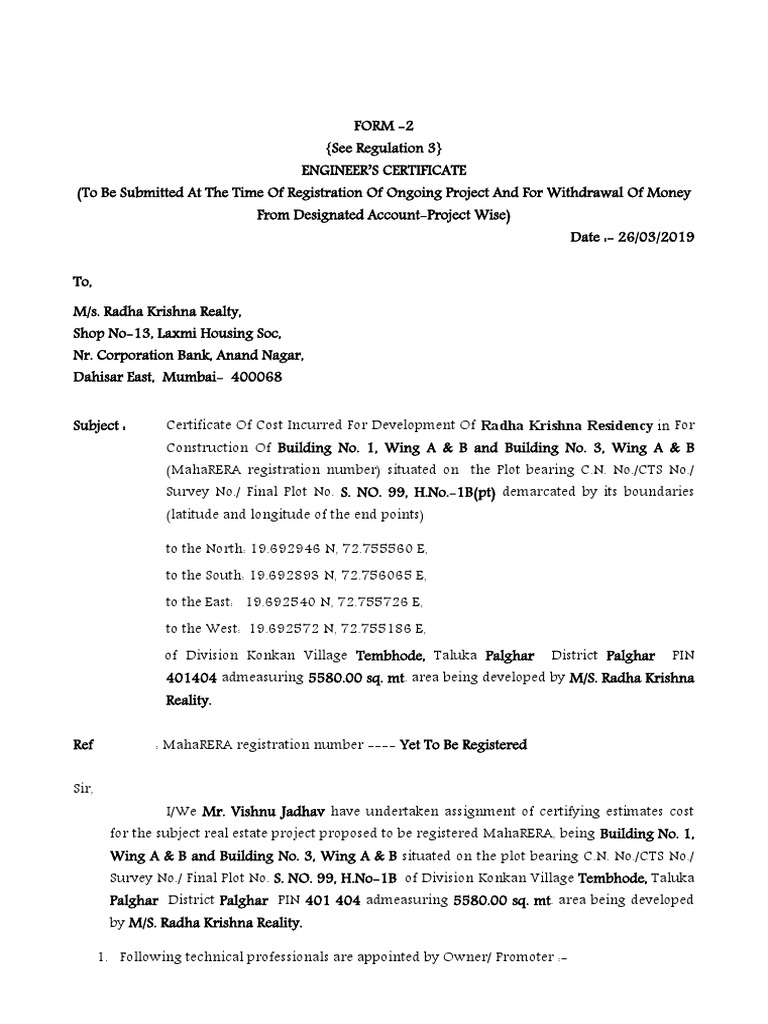 FORM 2 Engineer's Certificate RKR | PDF | Cost