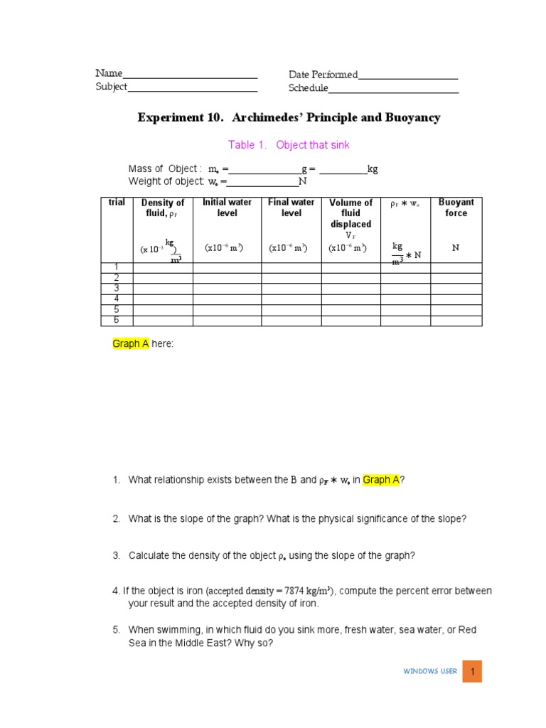 Experiment 10. Archimedes' Principle and Buoyancy: Table 1. Object That ...