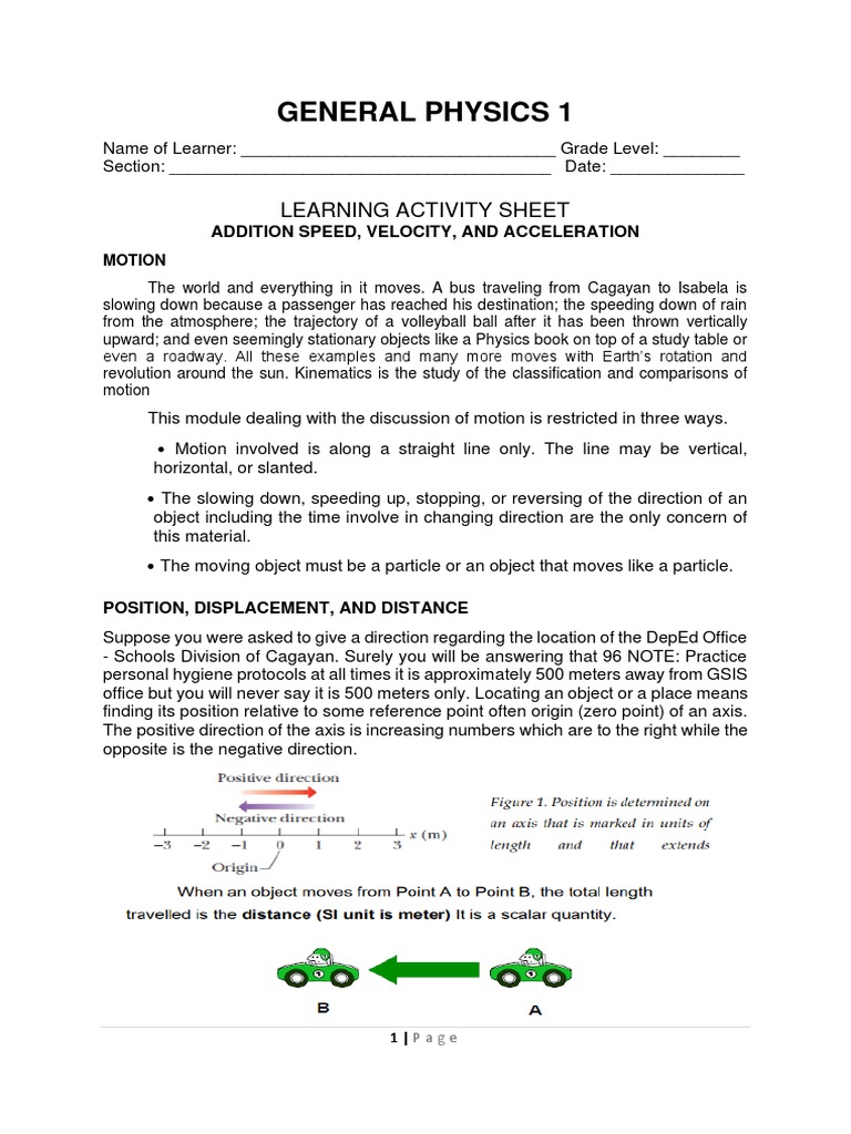 General Physics 1: Learning Activity Sheet | PDF | Acceleration | Speed