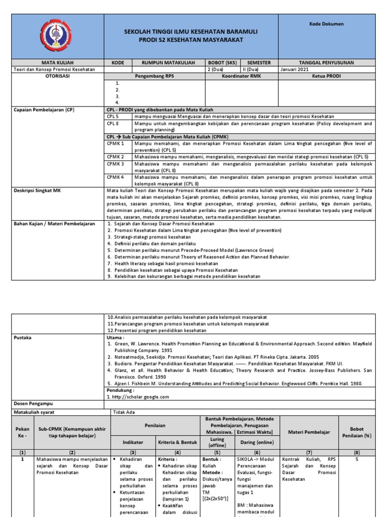 RPS Teori Dan Konsep Promosi Kesehatan | PDF