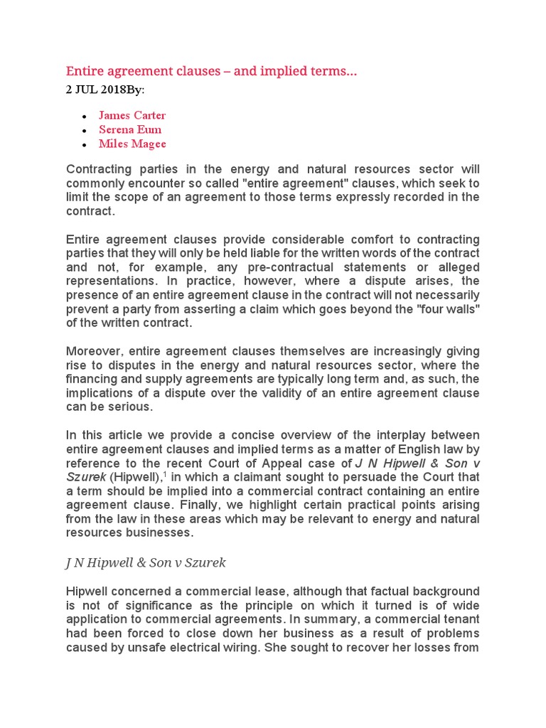 Entire Agreement Clauses - and Implied Terms | PDF | Contractual Term ...
