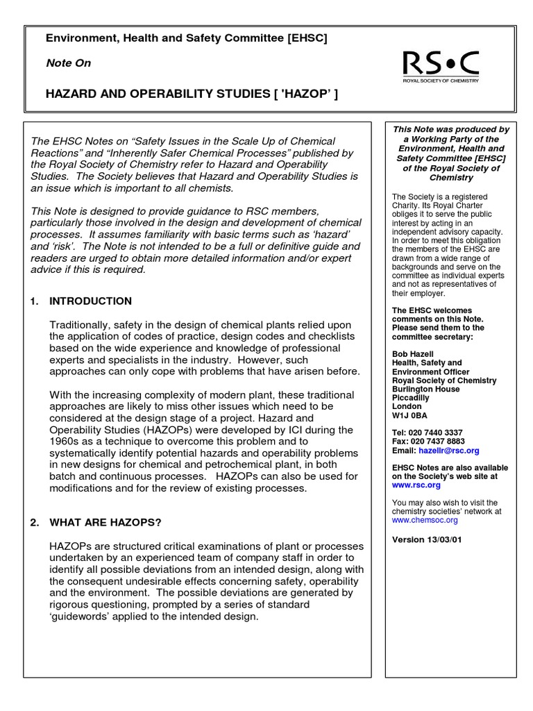 Hazard and Operability Studies ('Hazop') : Note On | PDF | Expert ...