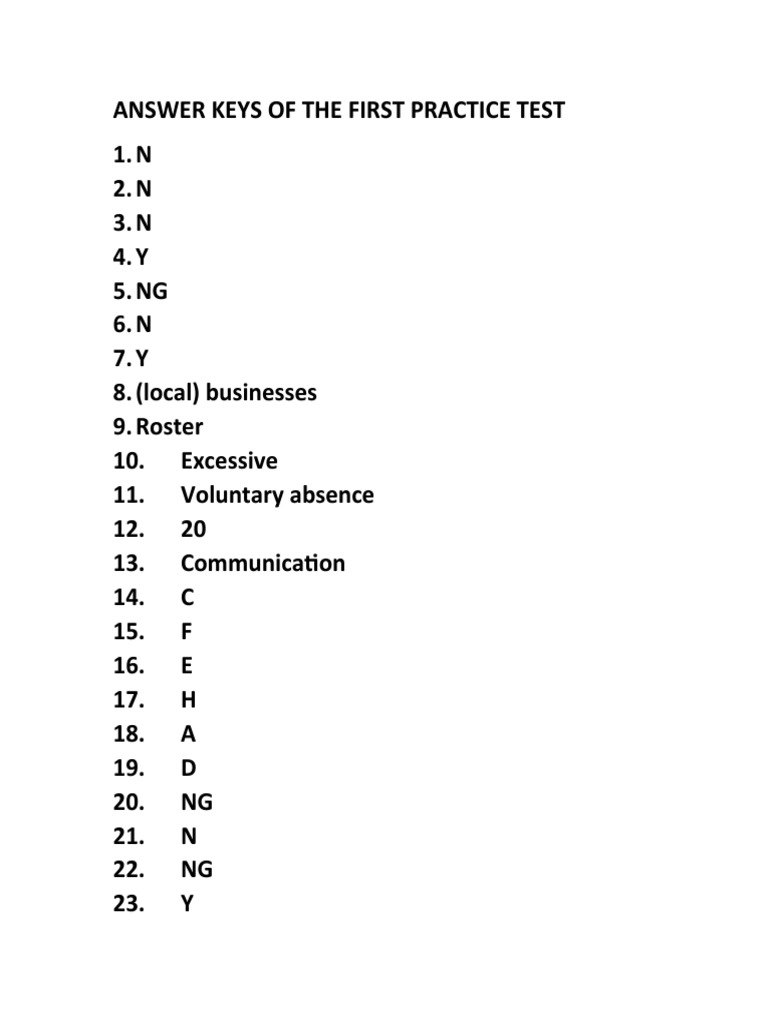 Answer Keys of The First Practice Test | PDF