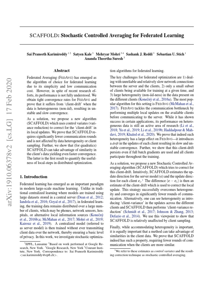 SCAFFOLD Stochastic Controlled Averaging For Federated Learning | PDF | Mathematics | Applied ...