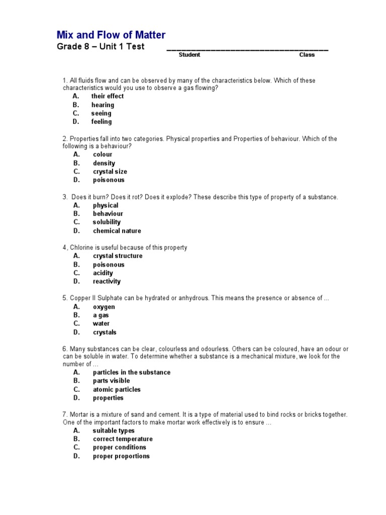 Mix and Flow of Matter Grade 8 Unit 1 Test | PDF | Buoyancy | Matter