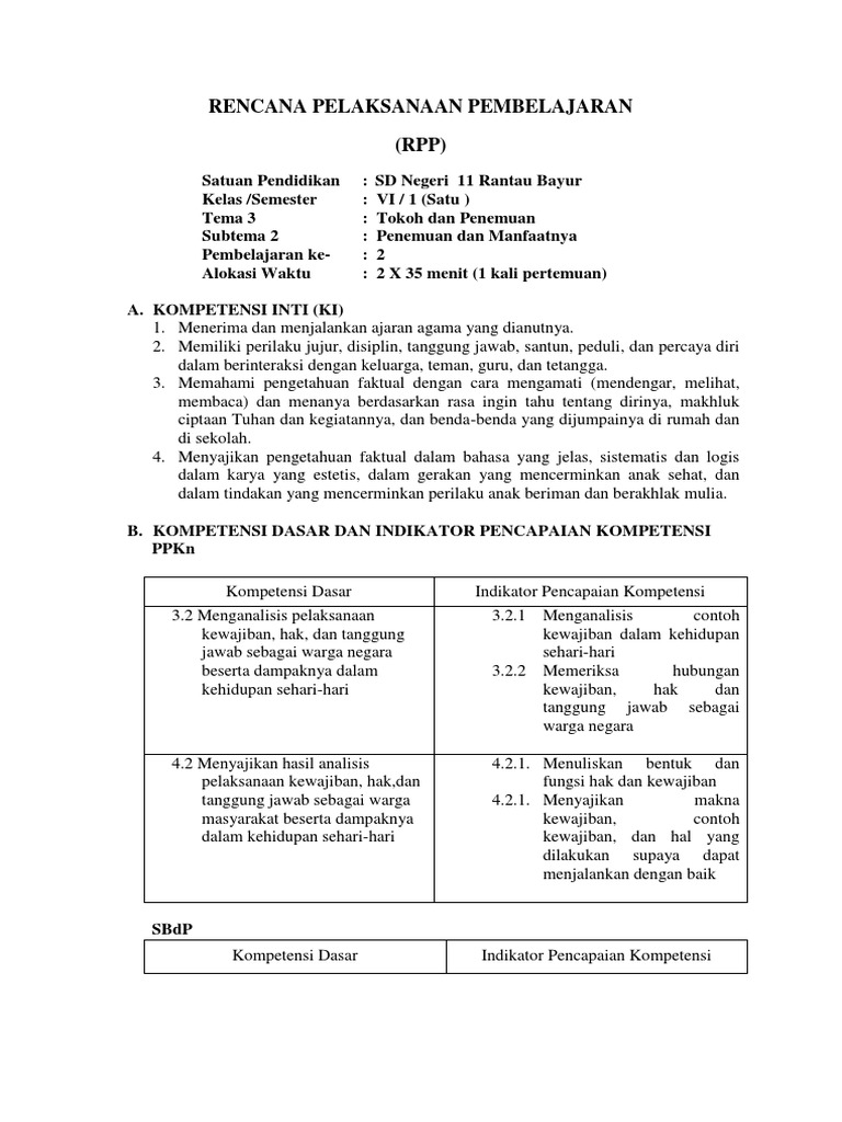 RPP Kelas 6 Tema 3 Sub 2 | PDF