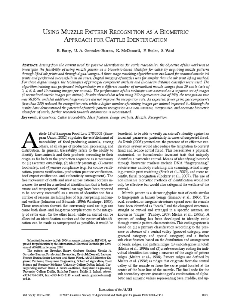 Using Muzzle Pattern Recognition As A Biometric Approach For Cattle Identification | PDF ...