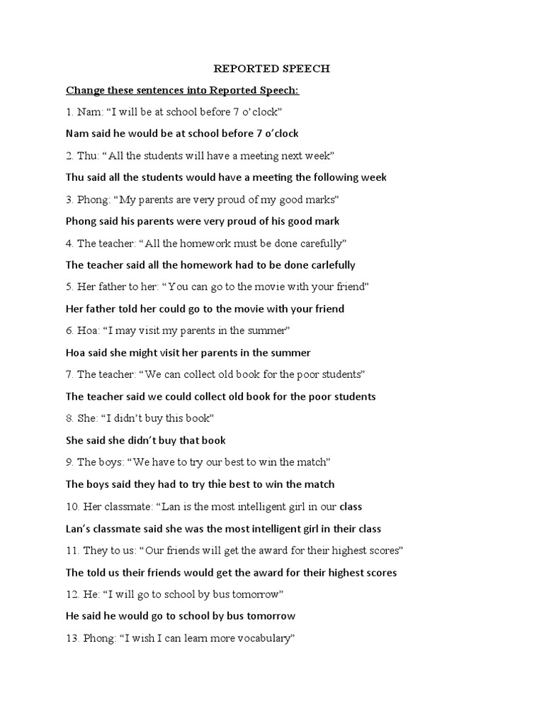 Reported Speech Change These Sentences Into Reported Speech | PDF