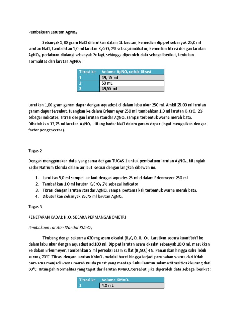 STANDARISASI LARUTAN AGNO3 DAN PENGUKURAN KADAR NACL DALAM AIR LAUT DAN ...