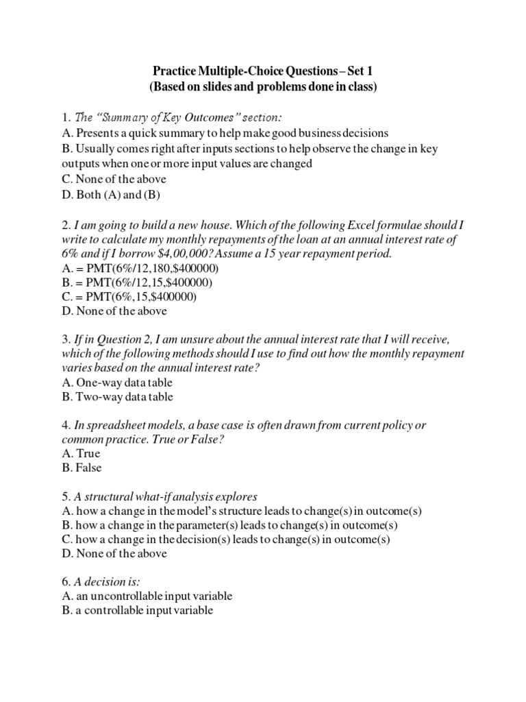 Practice MCQ Set 1 | PDF | Interest | Spreadsheet