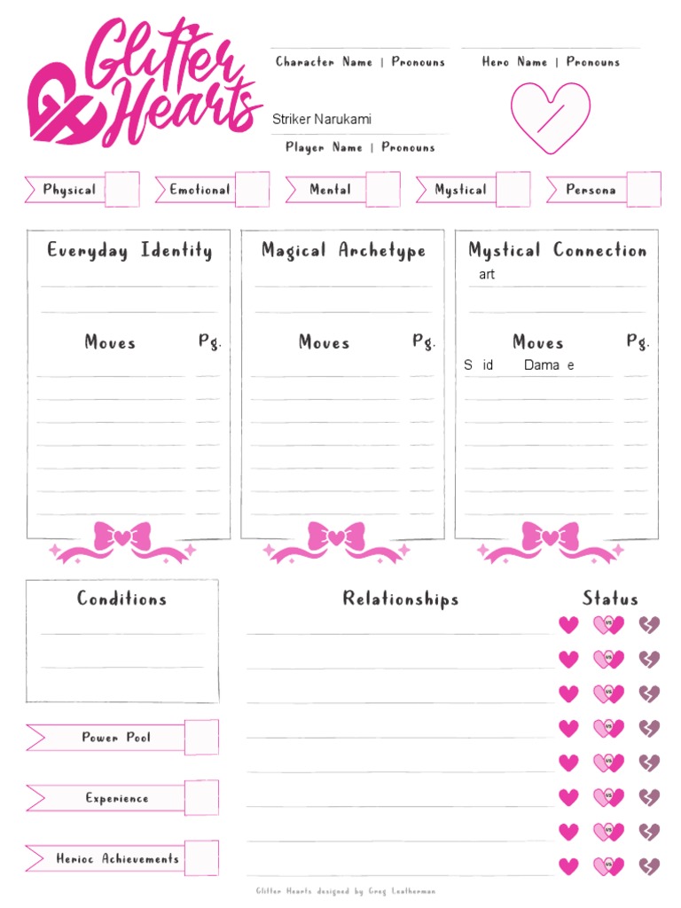 Glitter Hearts Character Sheet | PDF