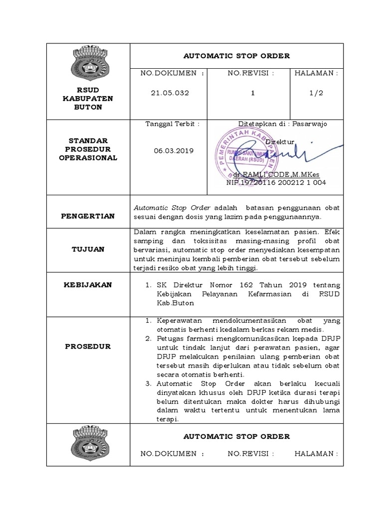 SOP Automatic Stop Order | PDF
