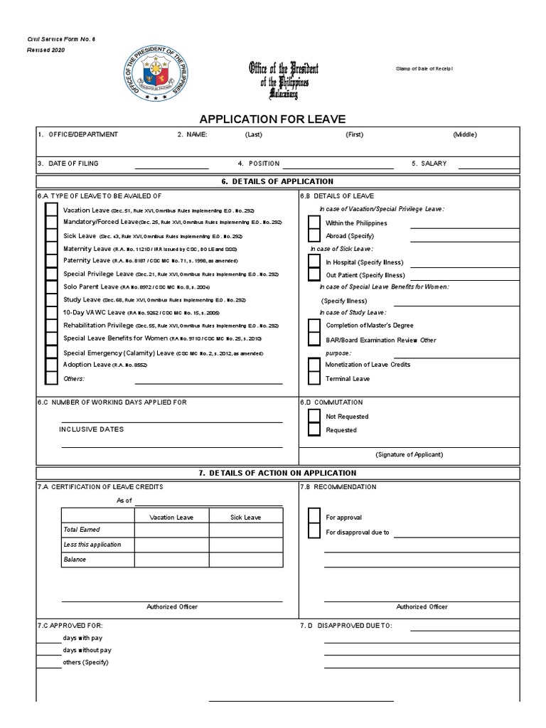 CS Form No. 6 Revised 2020 Application For Leave | PDF | Physician ...