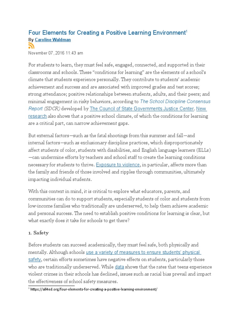 Four Elements For Creating A Positive Learning Environment | PDF ...