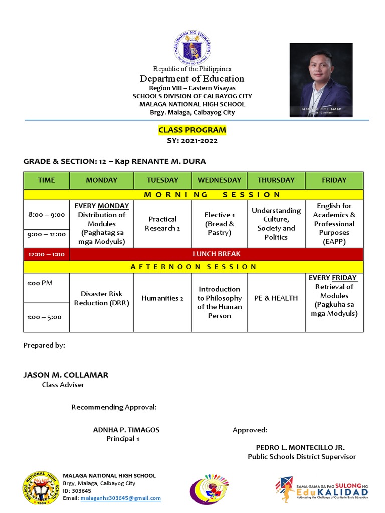 Department of Education: Class Program SY: 2021-2022 Grade & Section ...