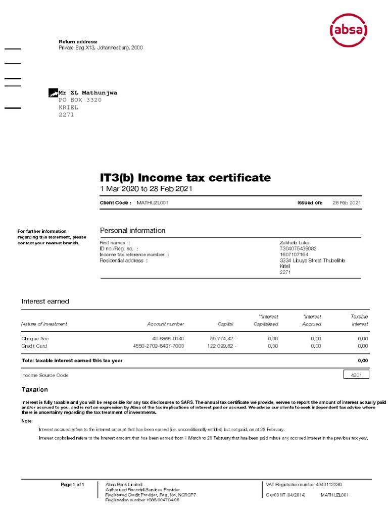 IT3 (B) Income Tax Certificate: MR ZL Mathunjwa | Download Free PDF ...